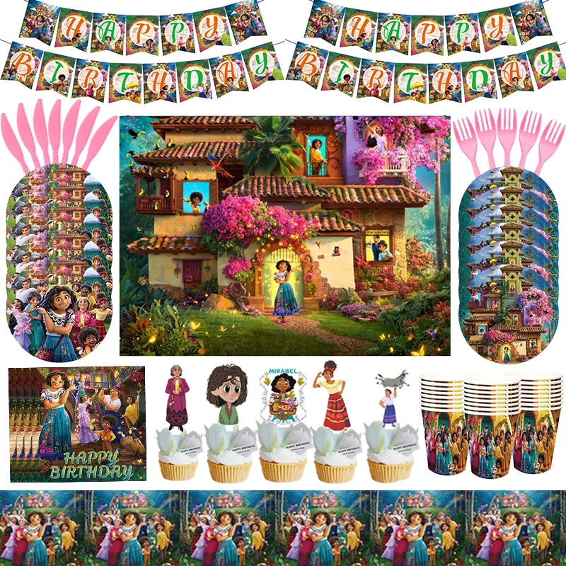 Decoración de fiesta de cumpleaños de Encanto de Disney, vajilla desechable, Fondo de tela ...