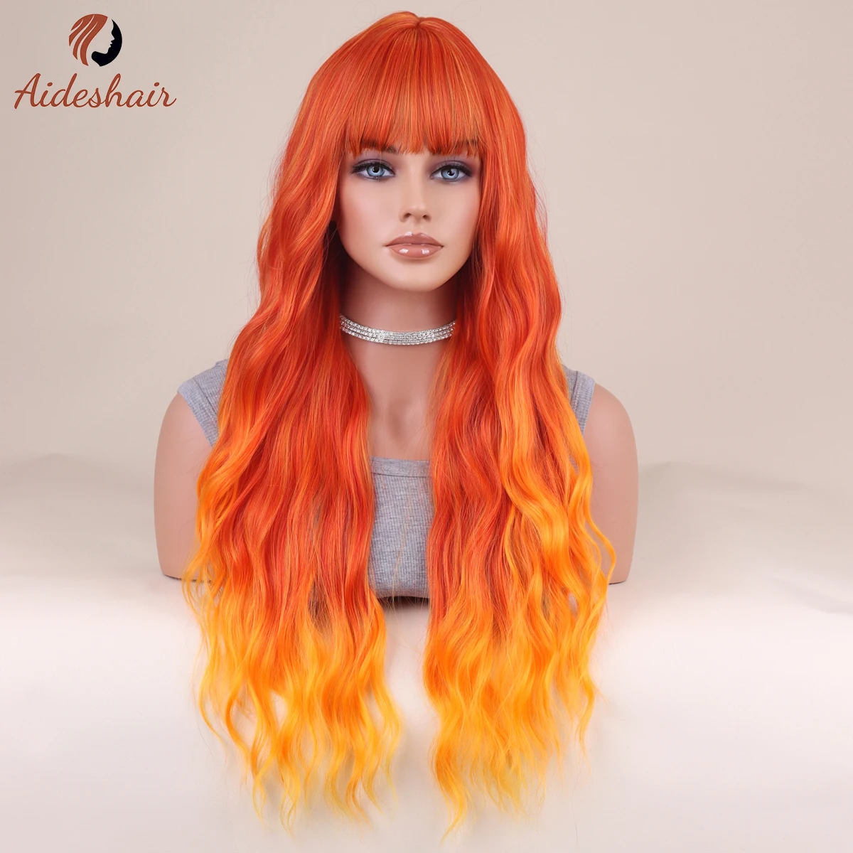 Orange wig Women's long wavy flame-colored wig with bangs Curly ...