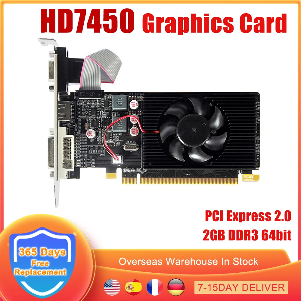 HD7450 그래픽 카드 2GB GDDR3 64Bit 비디오 카드, AMD Radeon PCI E PCIE 2.0 16X HD ...