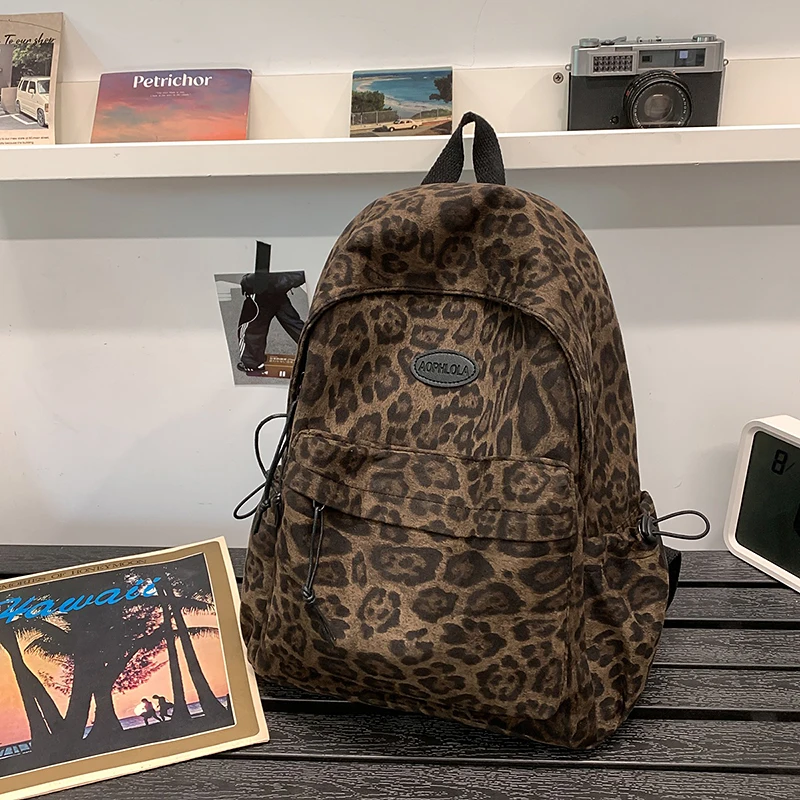 Interior Zipper Pocket Simple Versatile Leopard Print Backpacks for ...