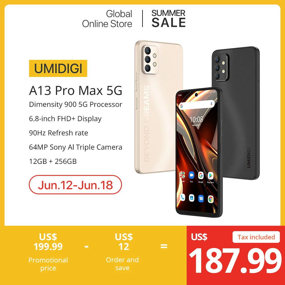 UMIDIGI A13 Pro Max 5G 12GB 256GB الهاتف الذكي الأبعاد 900 المعالج 6.8 ...