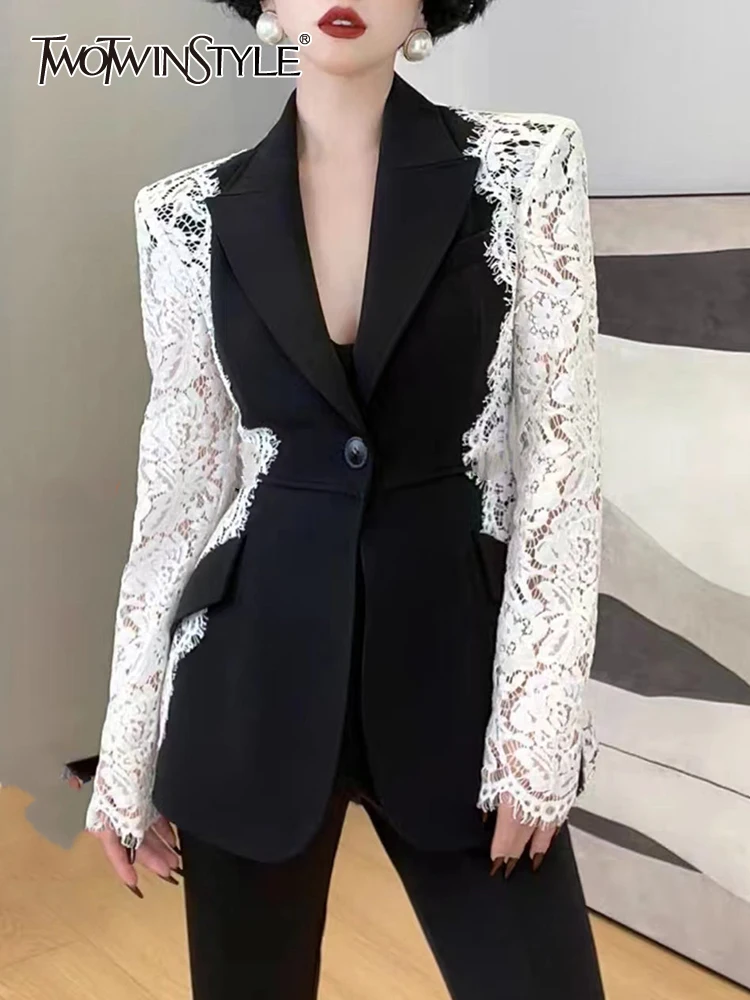 TWOTWINSTYLE-Slim-Lace-Panel-Blazer-For-Women-Notched-Collar-Long ...