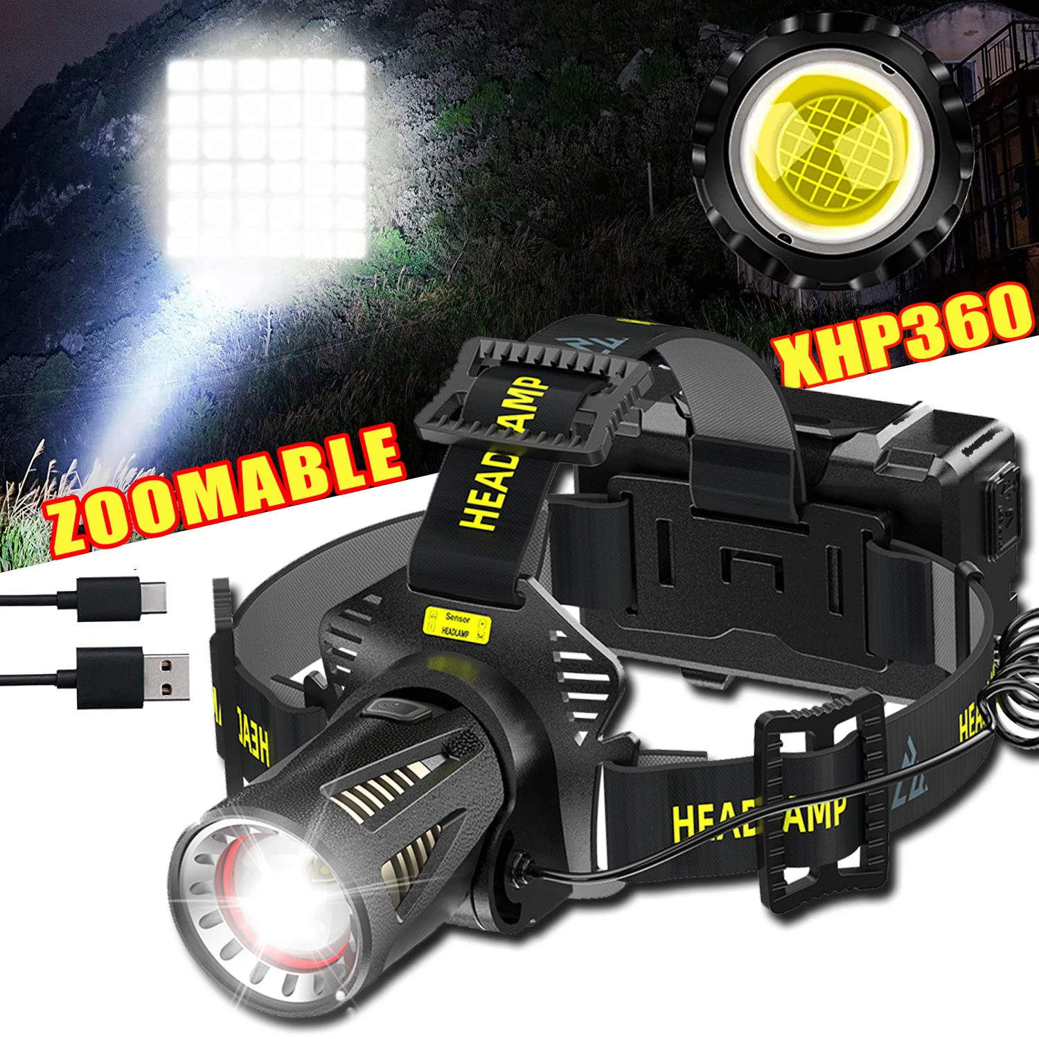 High-Lumens-XHP360-LED-Headlamp-USB-C-Rechargeable-Headlight-Zoomable ...