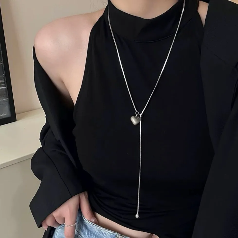 Stainless Steel Adjustable Long Sweater Chain Necklace with Heart Beads ...