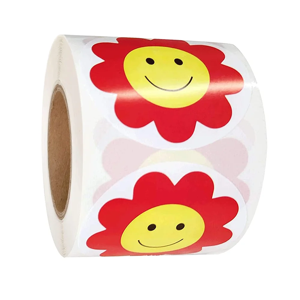 Yellow-Smile-Face-Stickers-2-Inch-Red-Flower-Happy-Face-Labels-Teacher ...