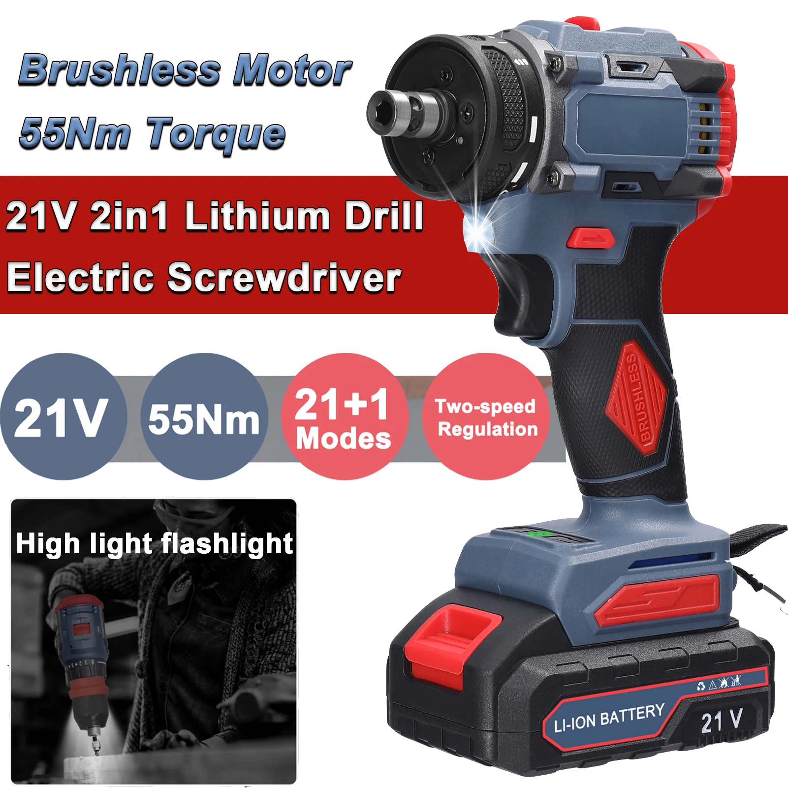 16 8v 21v 2in1 Lithium Drill Electric Screwdriver Power Tool 45 55nm
