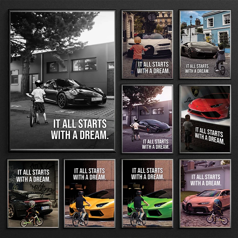 Supercar-Motivation-Poster-Prints-It-All-Starts-With-A-Dream-Canvas ...