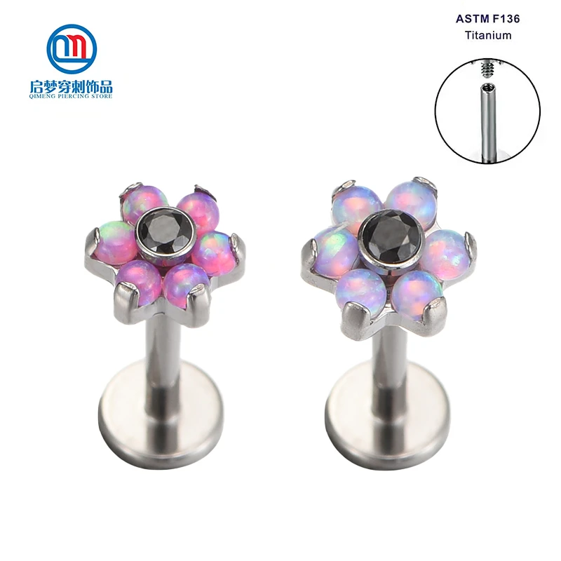 ASTM F136 Titanium Prong Set Opal Flower Ear Studs Labret Lip Threaded ...