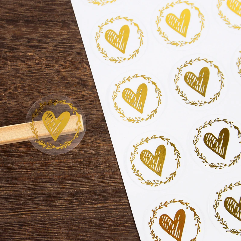 200Pcs-Bronzing-Transparent-Sealing-Stickers-Love-Heart-Round-Gold ...