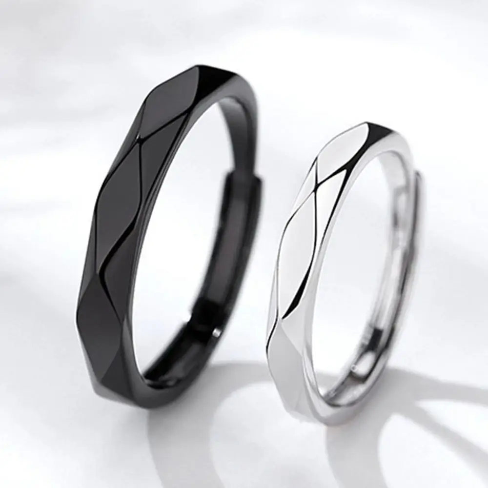 Fashion Black And White Prismatic Couple Promise Rings Open Adjustable ...