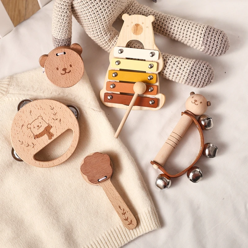 Kids-Wooden-Montessori-Toys-Musical-Instruments-Rattle-Bell-Drum ...