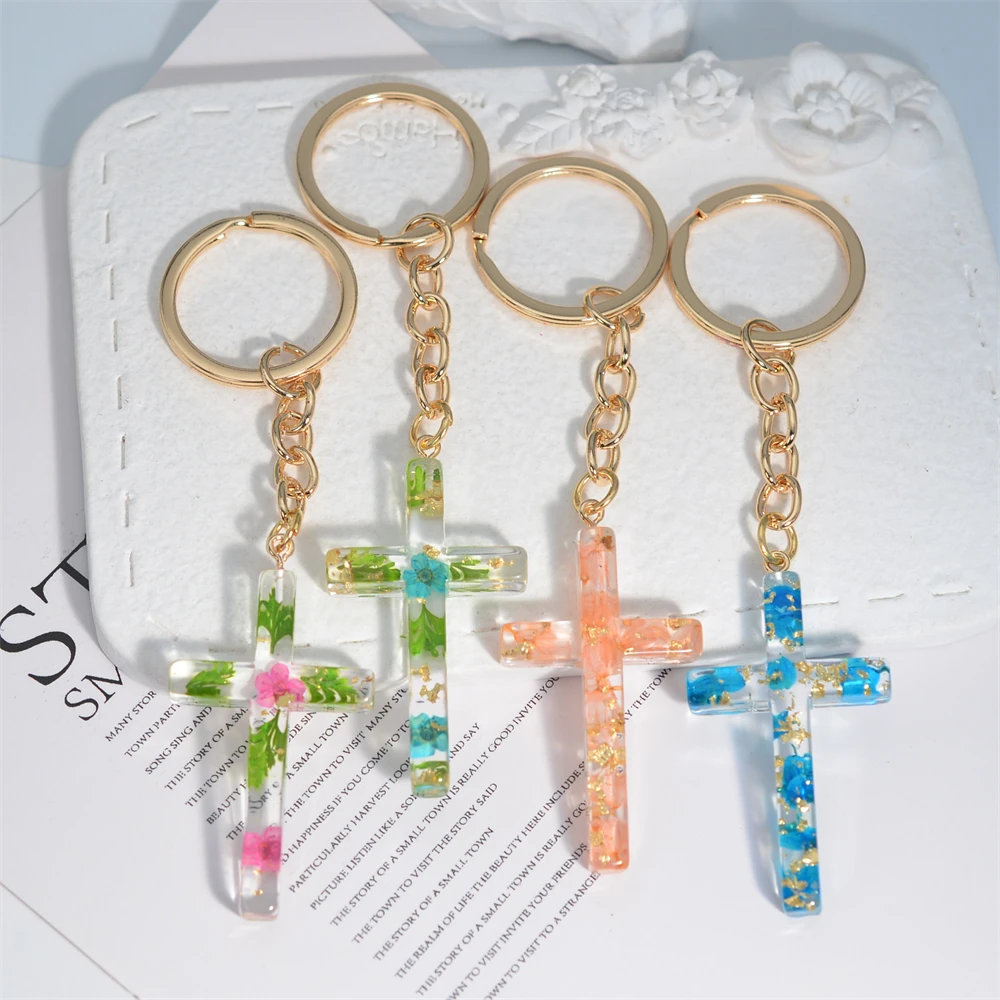 Handmade-Drop-Glue-Cross-Keychain-with-Colorful-Dried-Flower-Sequin ...