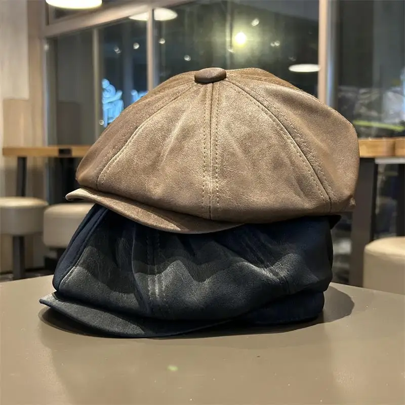 Bulk discount-Vintage Distressed Leather Baker Boy Cap, Unisex Autumn ...