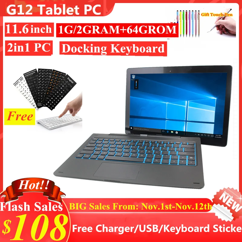 New-11-6-Windows-10-Tablet-2-in1-PC-2GB-64GB-G12-Dockiing-Keyboard-1366 ...
