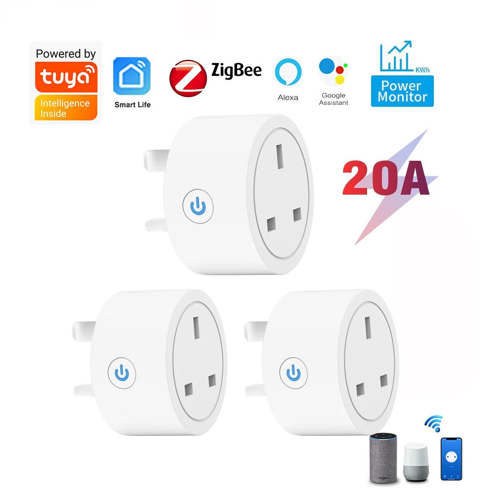 20A Tuya Zigbee Smart Socket UK Plug Adapter Power monitoring with Zigbee Hub for Intelligent ...