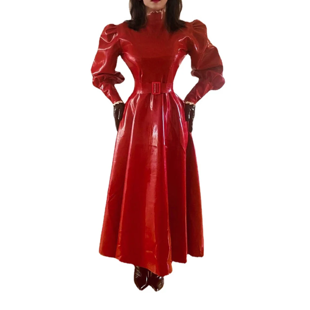 Wetlook-PVC-High-Collar-Full-Sleeve-Puff-Sleeve-Maxi-Dress-Faux-Latex ...