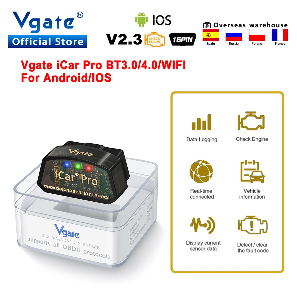 Vgate icar pro elm327 v2.3 obd 2 obd2 scanner de diagnóstico do carro wifi bluetooth compatível ...