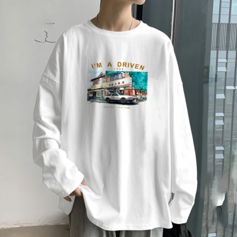 Long Sleeve Men T shirts Summer Printed Simple Unisex Baggy White T ...