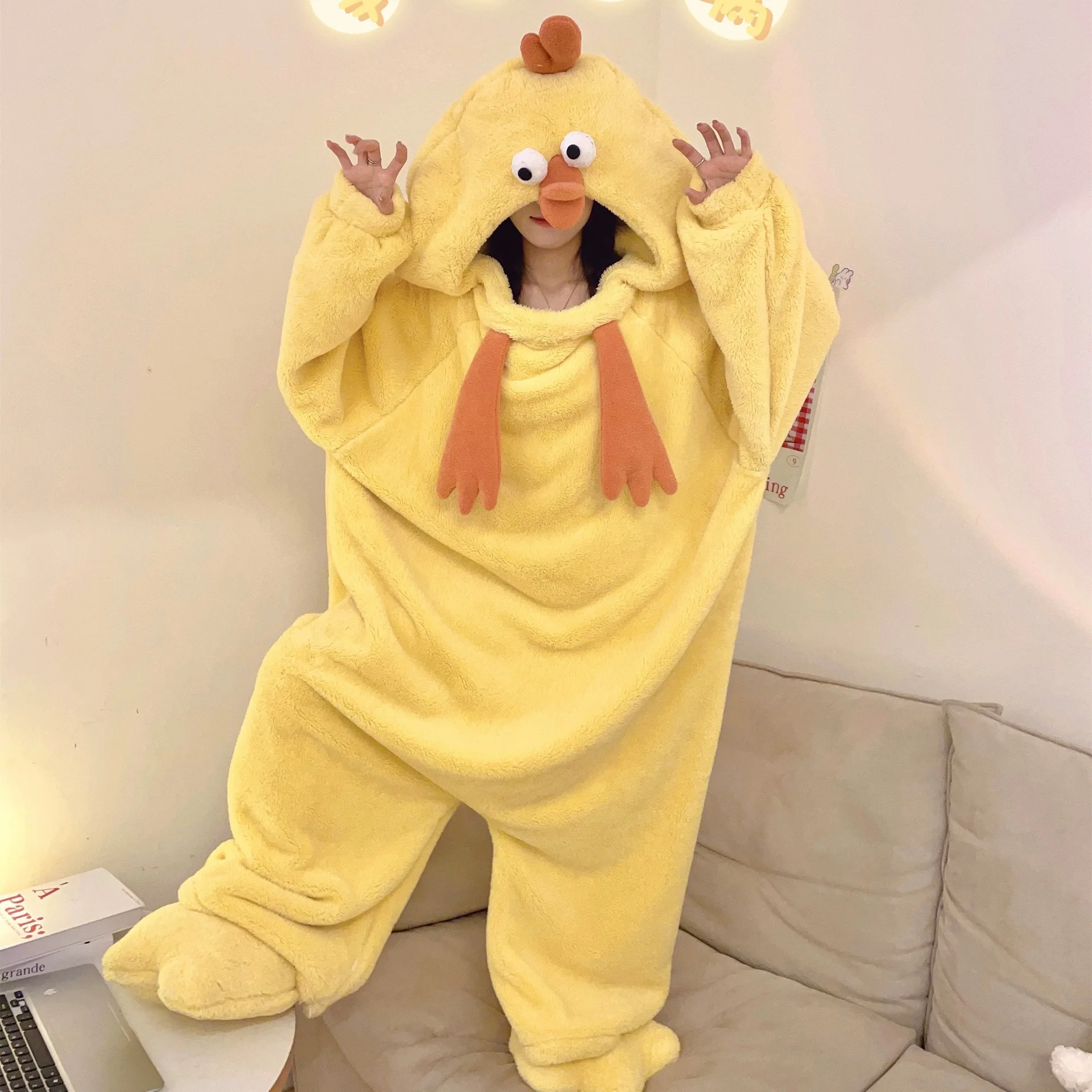 Women-Onesies-Little-Yellow-Chicken-One-piece-Pajamas-Flannel-Cute ...