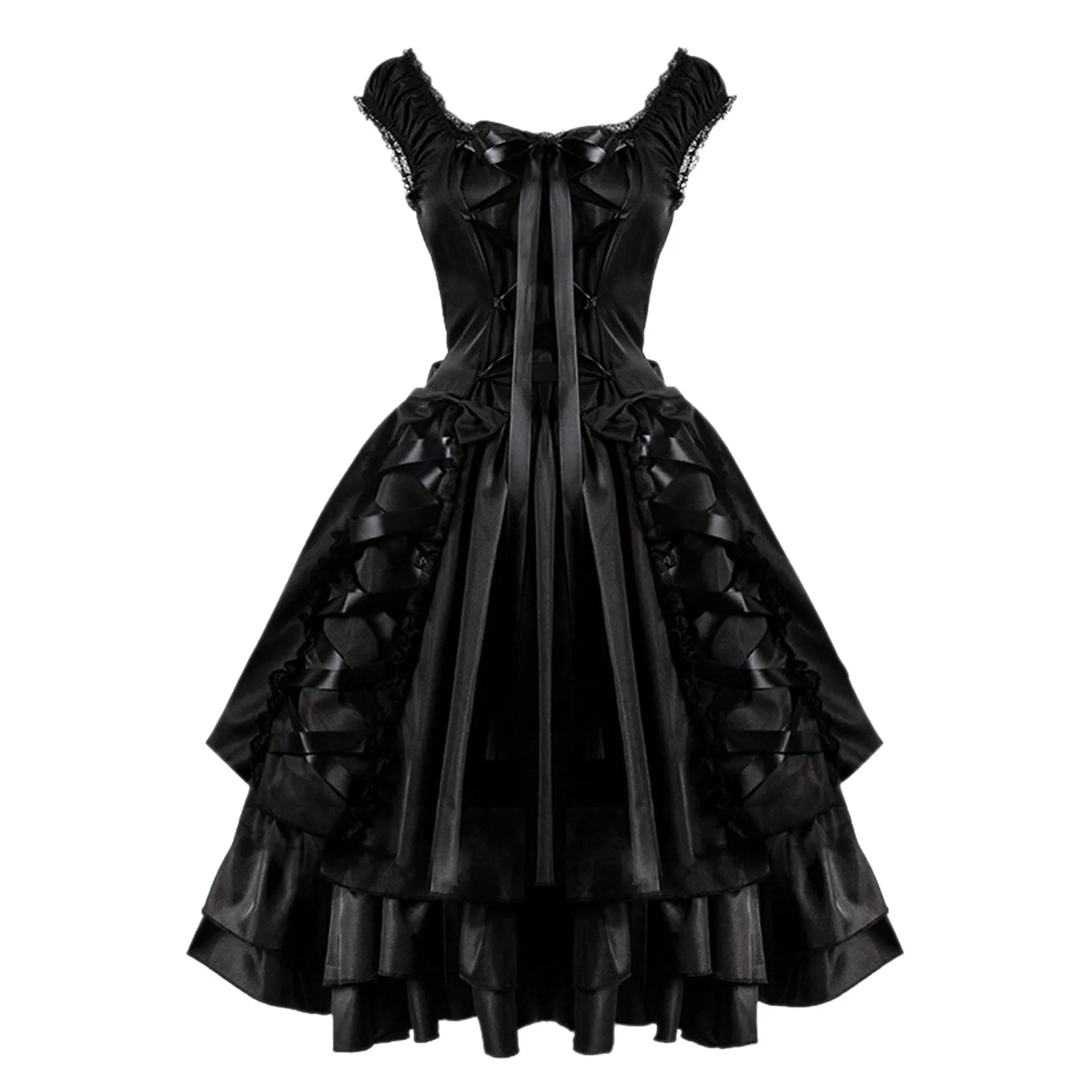 Women Vintage Gothic Dress For Party Classic Black Cosplay Dress Layered Lace Up Goth Lolita ...