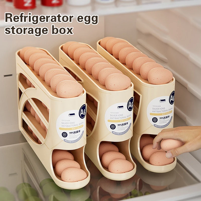 4 Layers Automatic Rolling Egg Holder Rack Fridge Egg Storage Box ...