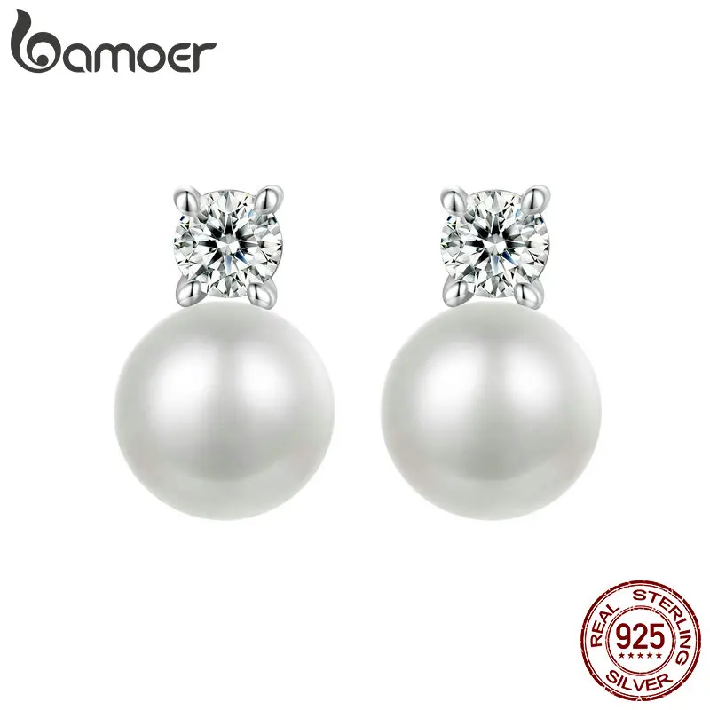 BAMOER Moissanite 925 Sterling Silver Freshwater Pearl Stud Earrings ...
