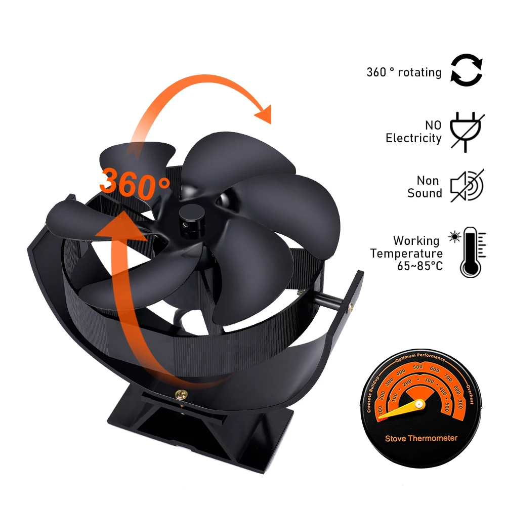 6 Blades Heat Powered Stove Fan 360° Rotating Fireplace Fan Log Wood ...