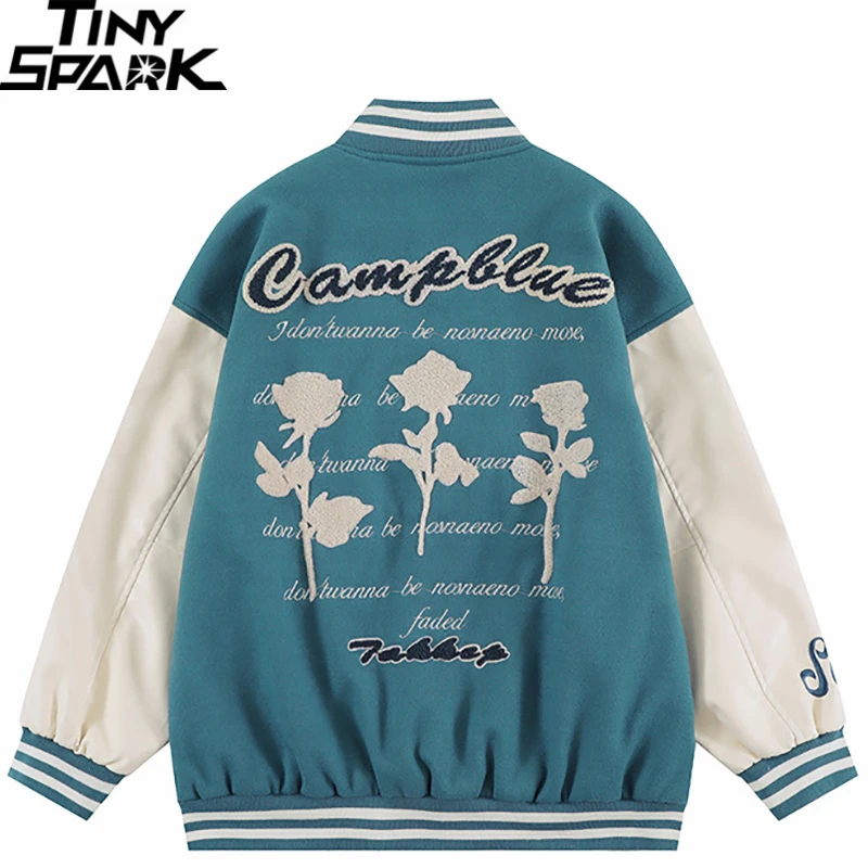 Men Streetwear Harajuku Floral Rose Embroidery Baseball Jacket Retro ...