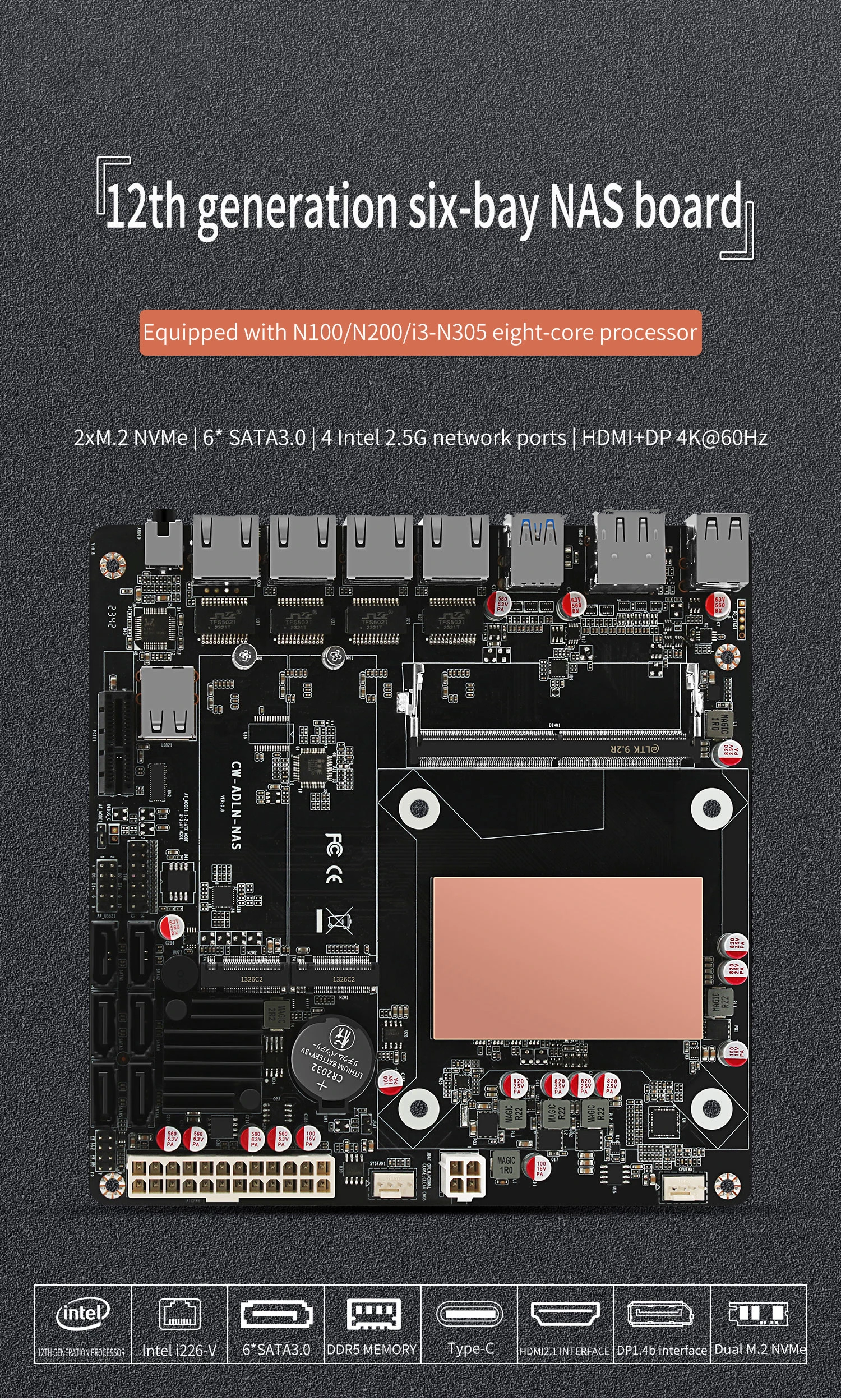 Motherboard Ddr5 Intel N100 Mini ITX NAS Motherboard - 6 SATA Ports ...