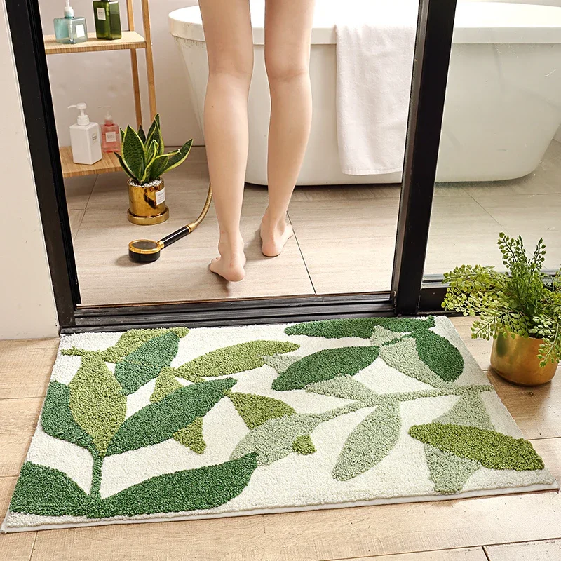 Honlaker-Green-Leaves-Flocking-Bath-Mat-Non-slip-Absorbent-Microfiber ...