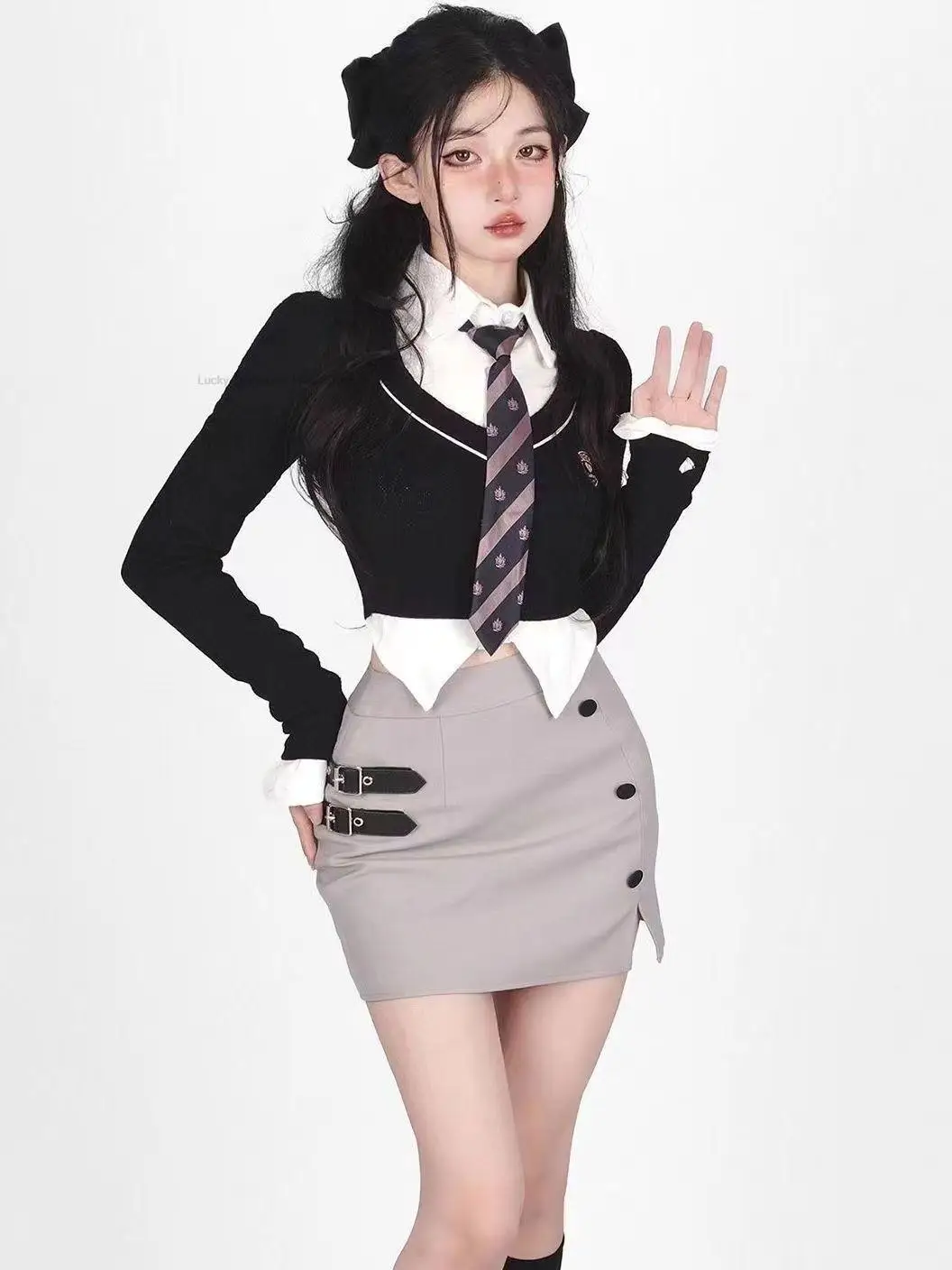 한국 일본 대학 스타일 소녀 패션 데일리 JK 유니폼, 시크 긴 소매 셔츠, 여성 스위트 섹시 랩 엉덩이 스커트 세트| | - AliExpress