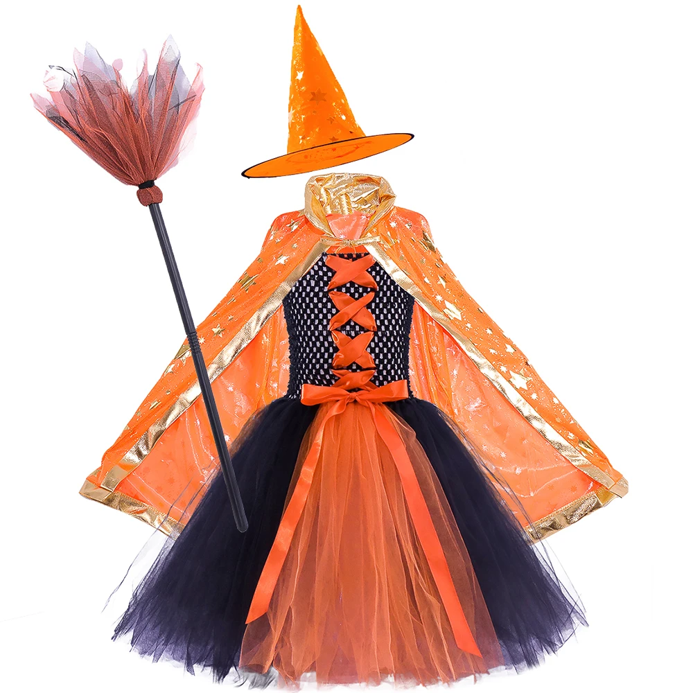 Black-Orange-Girls-Halloween-Witch-Costume-Kids-Carnival-Party-Dresses ...