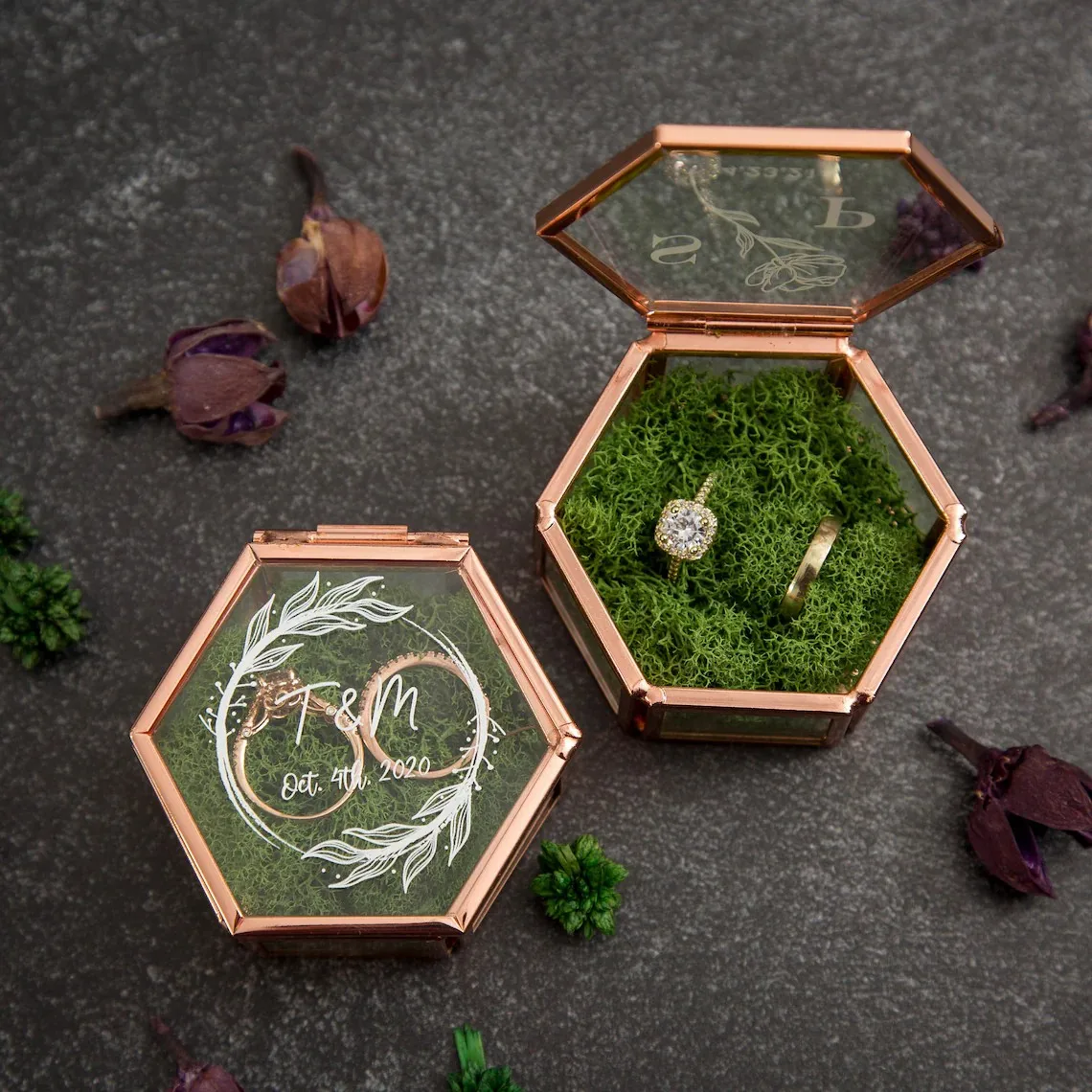 Hexagon-Glass-Ring-Box-with-Moss-Gold-or-Rose-Gold-Personalized-Ring ...