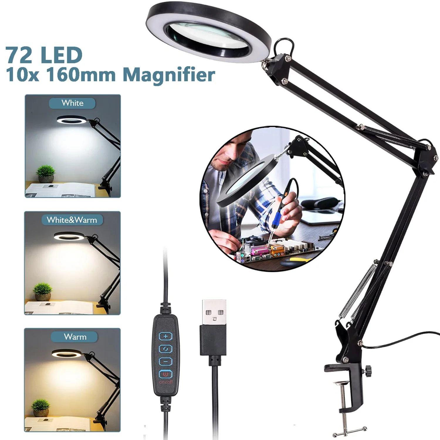 72LED-10X-NEW-Illuminated-Magnifier-USB-3-Colors-LED-Magnifying-Glass ...