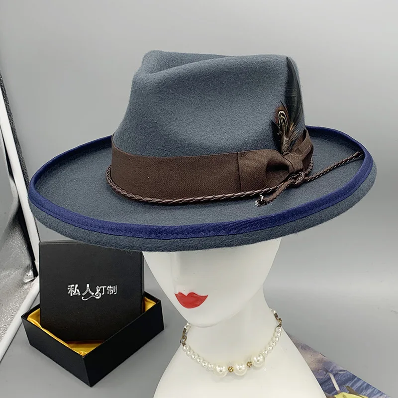 Fedora de lana rizada de ala grande para hombre, sombrero de fieltro de ...