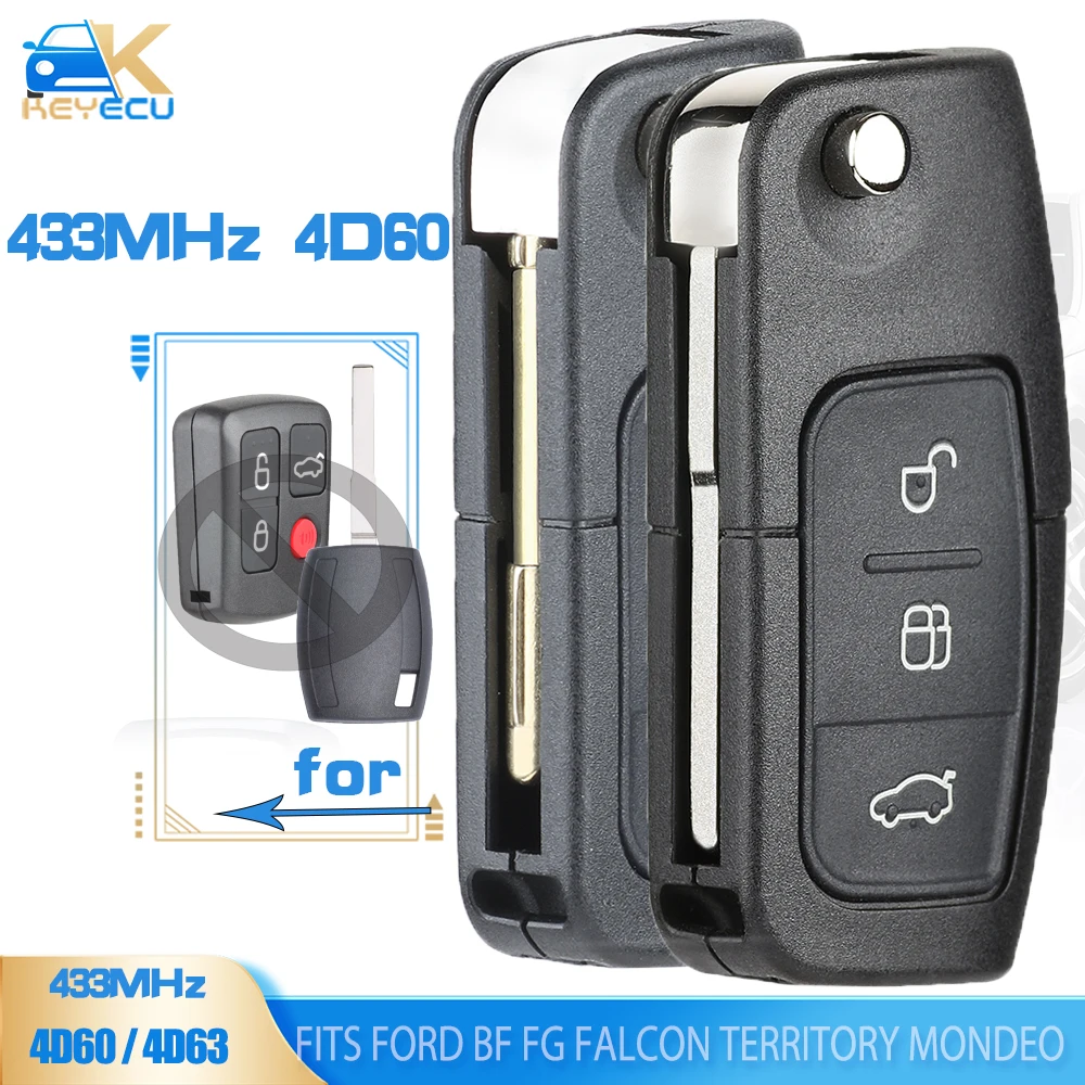 KEYECU Flip Remote Key Fob 3 Button 433MHz 4D60 / 4D63 Chip for Ford BF ...