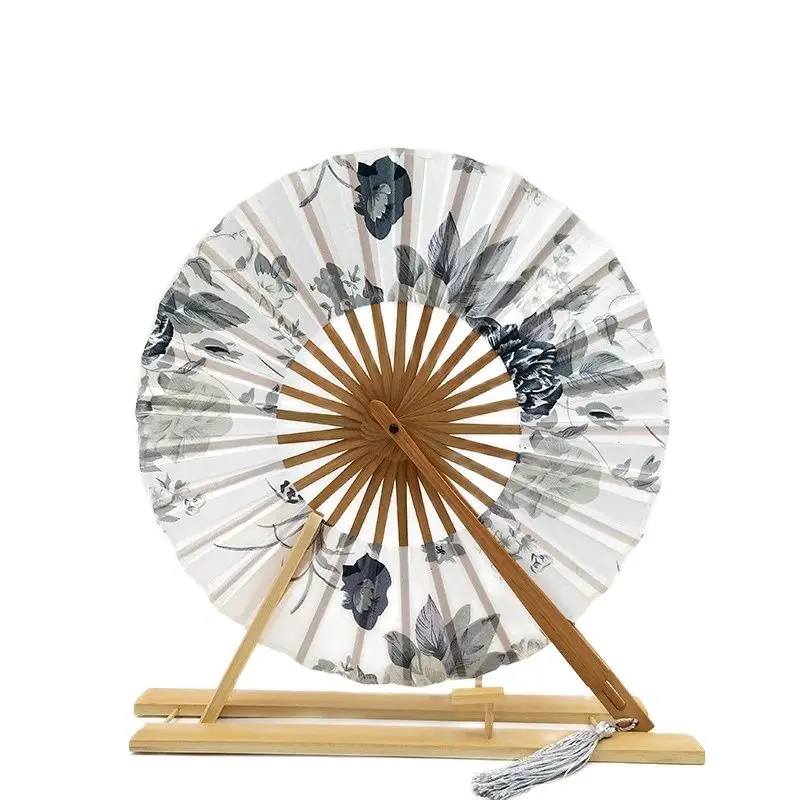 Round-Bamboo-Hand-Fan-Chinese-Style-Flower-Pattern-Portable-Folding-Fan ...