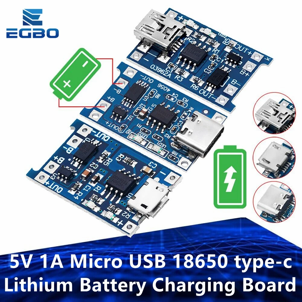 EGBO 5V 1A Micro USB 18650 type-c Lithium Battery Charging Board Charger Module+Protection Dual ...