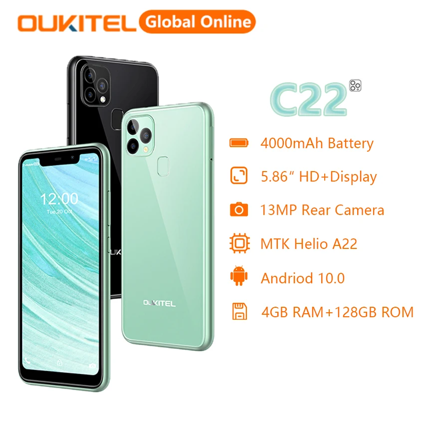 OUKITEL C22 글로벌 버전 스마트 폰 안드로이드 10 4GB + 128GB 4000mAh 쿼드 코어 5.86 인치 ...