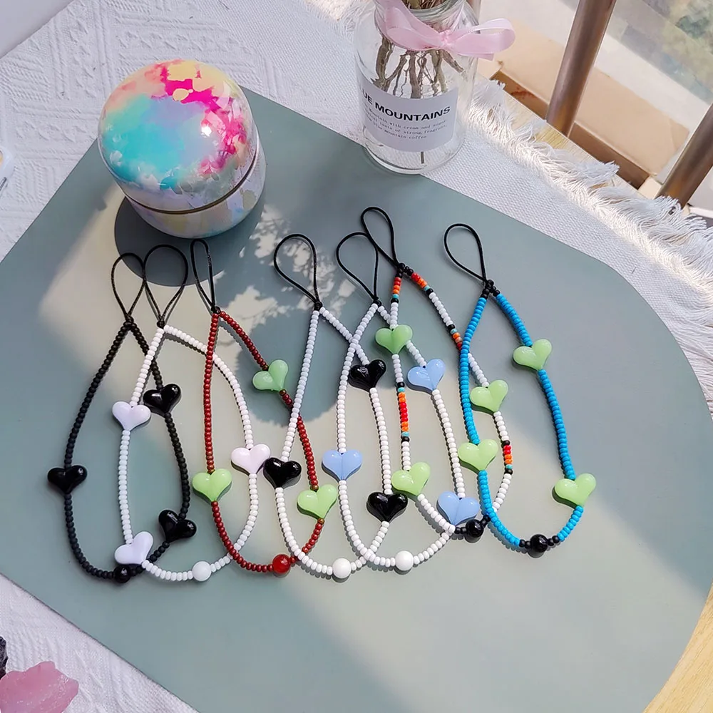Love Heart Phone Charm Strap Multi Color Phone Chains Mobile Beads ...