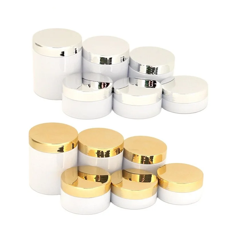 20pcs White Cream Pot Empty PET Makeup Jars Glossy Gold Silver Lid 50G ...