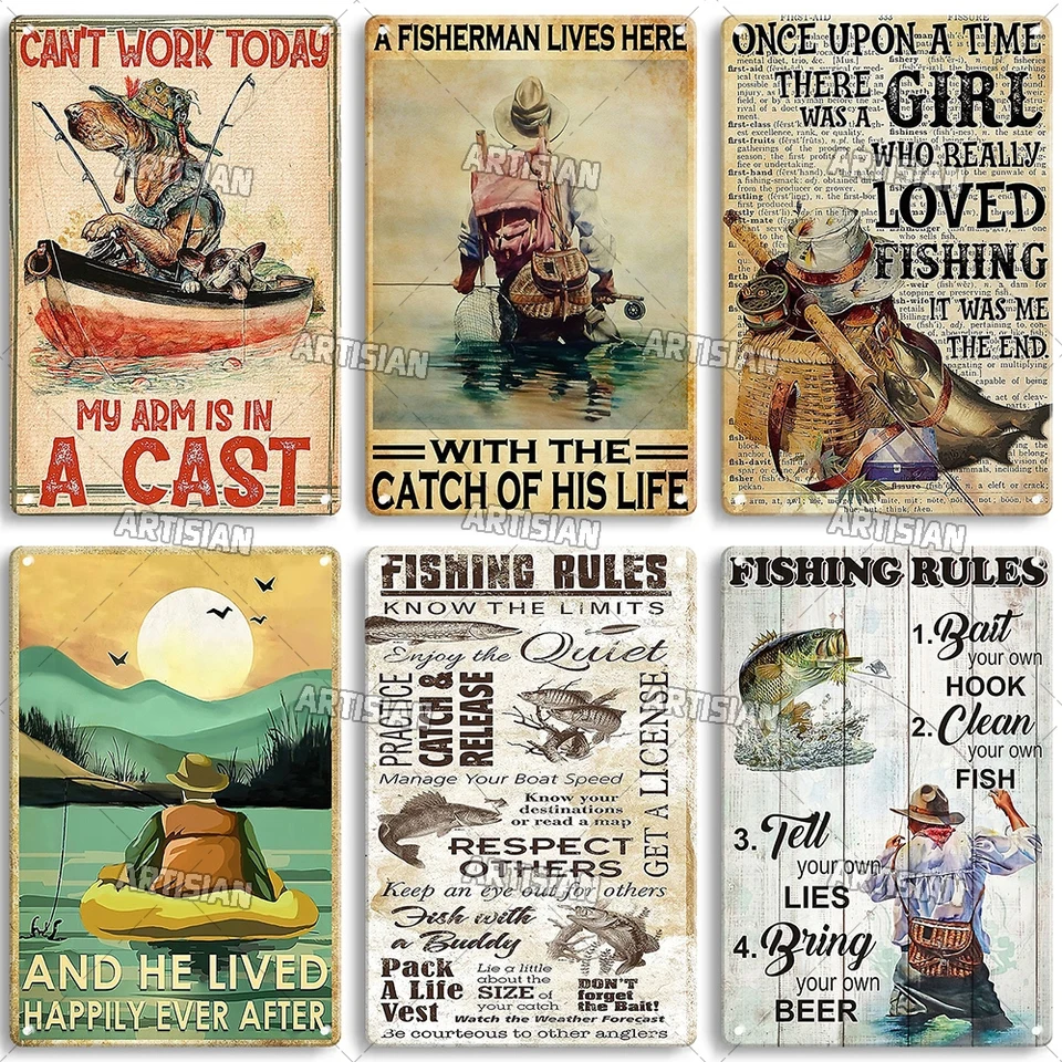 12x18 Inch Fisherman Cave Plaque Fly Fishing Gear Knowledge Metal Tin ...