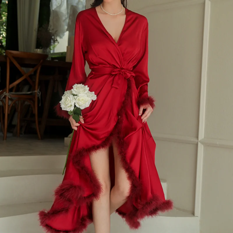 Sexy Wedding Morning Feather Robe Women Long Kimono Bathrobe Gown ...
