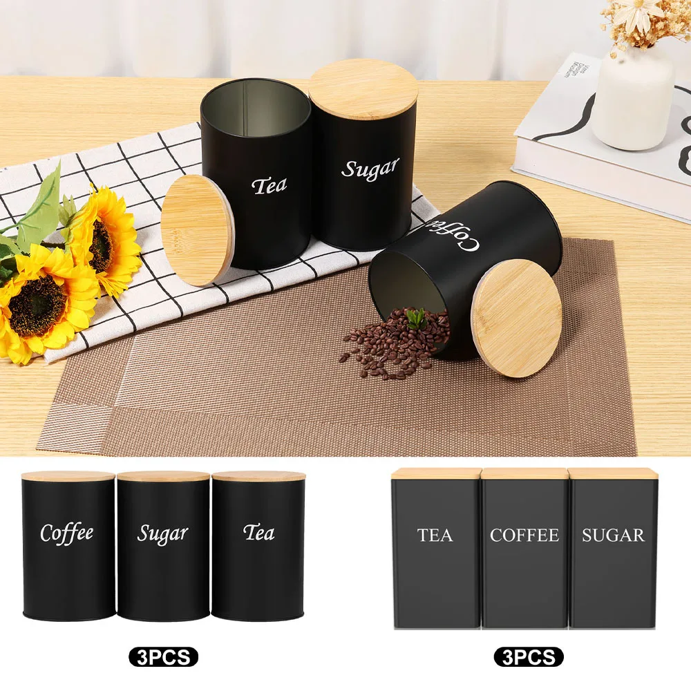 3Pcs Coffee Bean Storage with Bamboo Lid Metal Coffee Tea Sugar ...