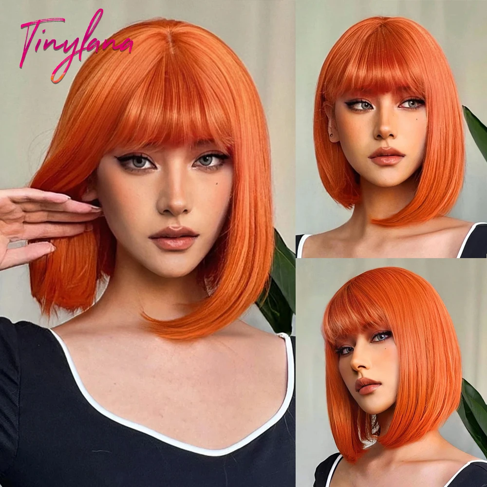 Orange-Short-Bob-Straight-Synthetic-Wigs-with-Bangs-for-White-Women ...