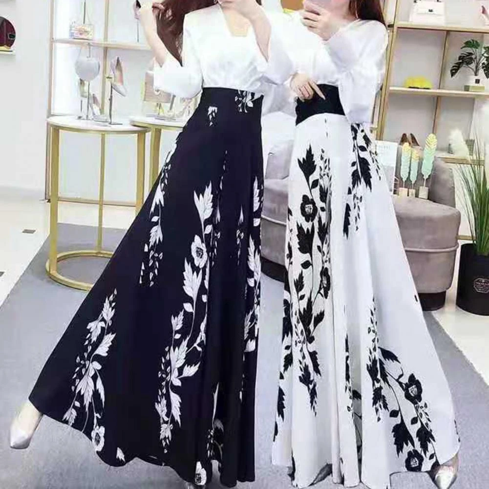 Women Pants Long Contrast Color Baggy Flower Print High Waist Summer ...