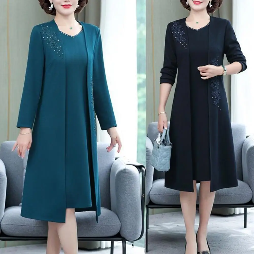 Women Dress Suit Solid Color Long Coat Dress Set Elegant Women's Coat ...