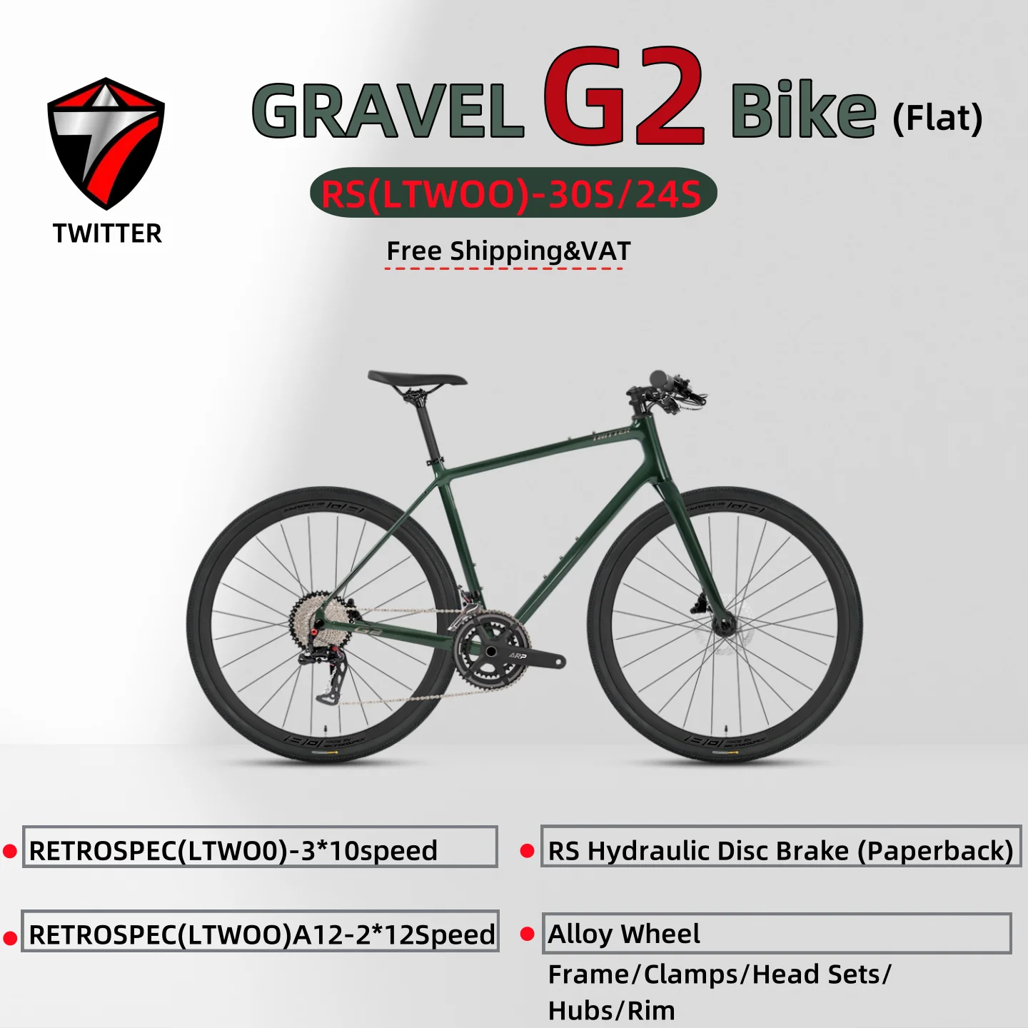 TWITTER G2 Gravel Bike RS30/RS24 Speed Hydraulic Disc Brakes, 700X45C ...