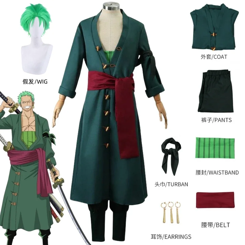Anime-Roronoa-Zoro-Cosplay-Costume-Uniform-Green-Coat-Belt-Pants-Head ...