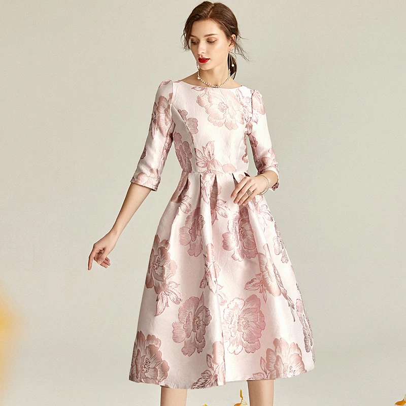Women-Luxury-Three-Quarter-Sleeve-Jacquard-Dress-Floral-Knee-Length ...